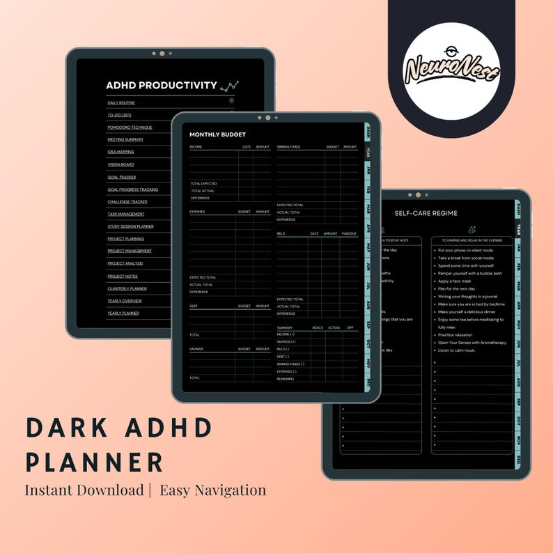 ADHD Planner 2025-2026 Dark Theme Digital Template for Goodnotes ...
