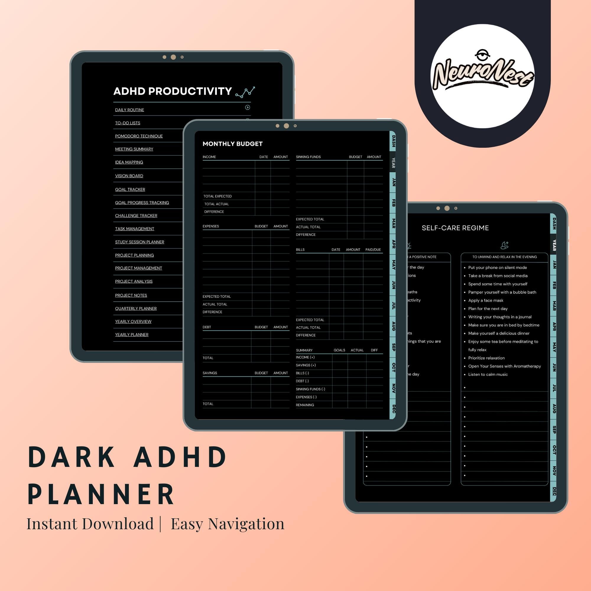 ADHD Planner 2025-2026 Dark Theme Digital Template for Goodnotes ...