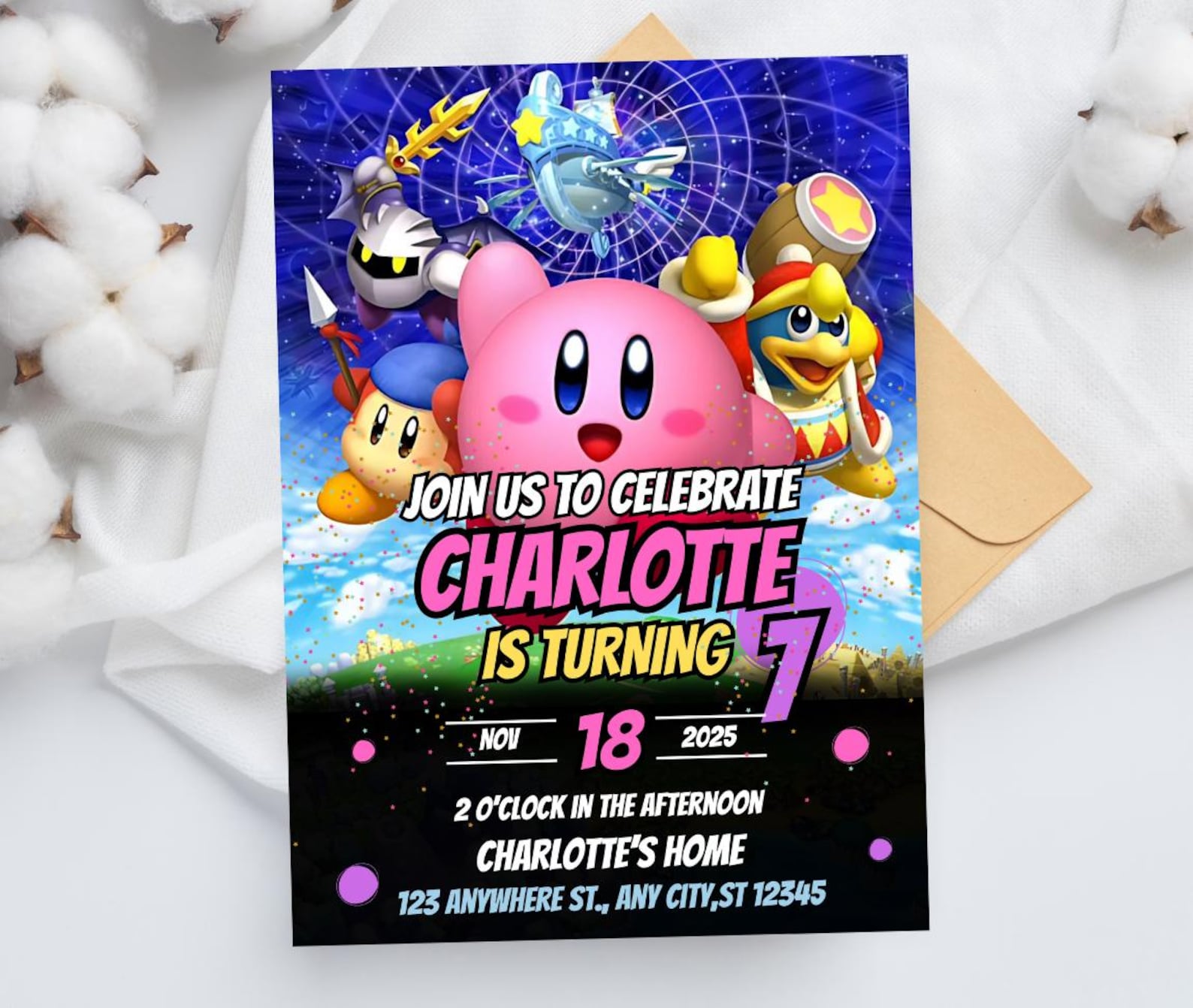 Kirby Birthday Invitation | Digital Party Invite for Kids | Editable ...