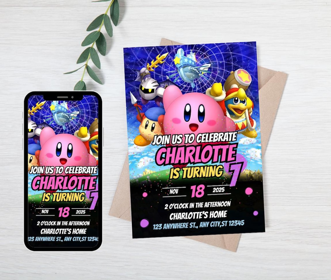 Kirby Birthday Invitation | Digital Party Invite for Kids | Editable ...