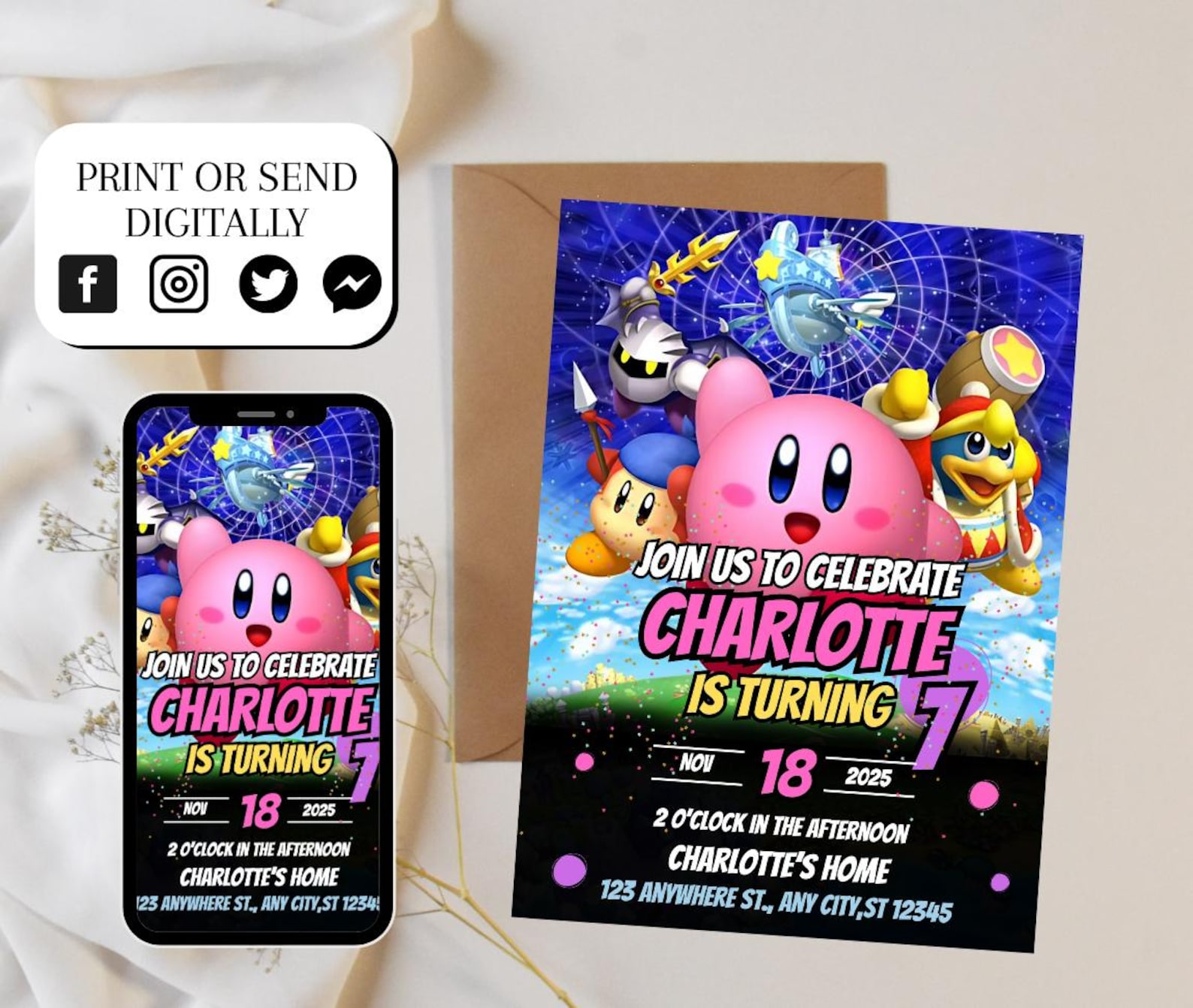 Kirby Birthday Invitation | Digital Party Invite for Kids | Editable ...