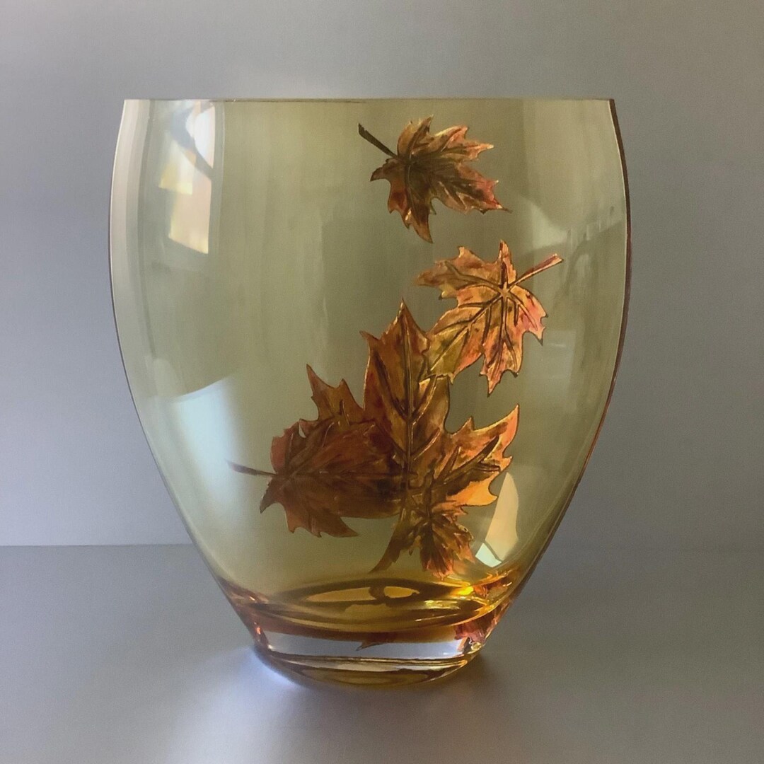 Vtg Amber Glass Vase Copper Maple Leaf Inclusions Art Glass 9.75" Tall ...