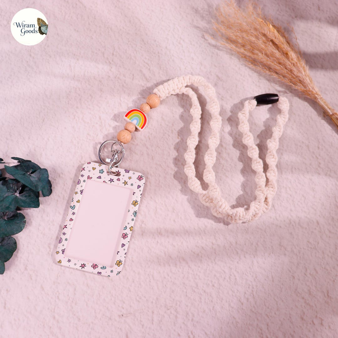 Rainbow Macrame Card Holder Lanyard With Wooden Beads,boho Handmade ...