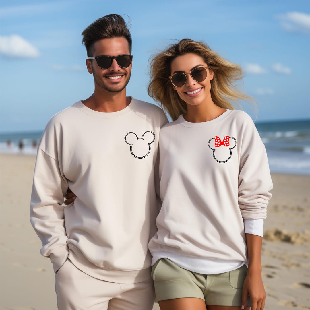Mickey Minnie Outline Pocket Sweatshirt, Minimal Cartoon Couples Hoodie ...
