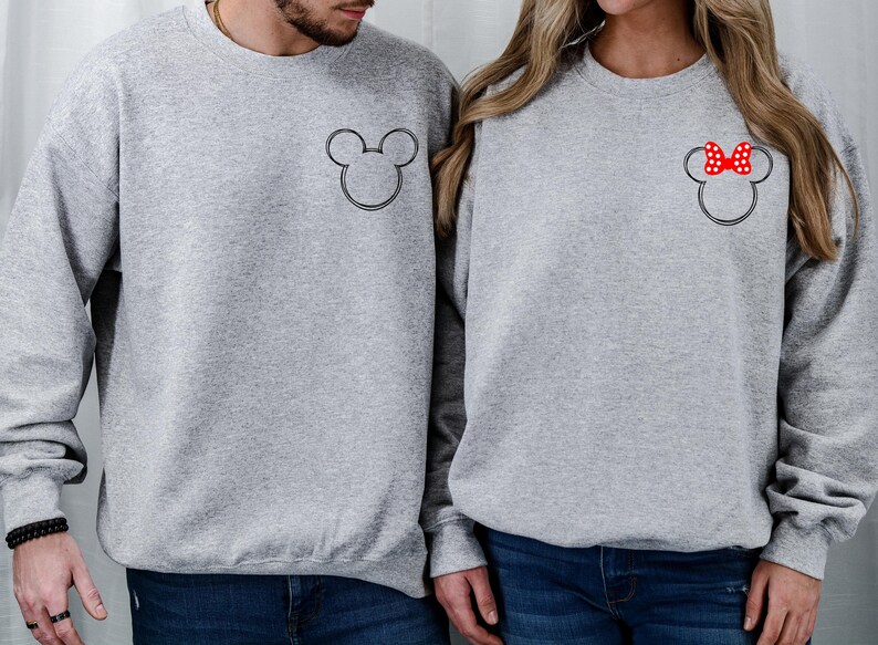 Mickey Minnie Outline Pocket Sweatshirt, Minimal Cartoon Couples Hoodie ...