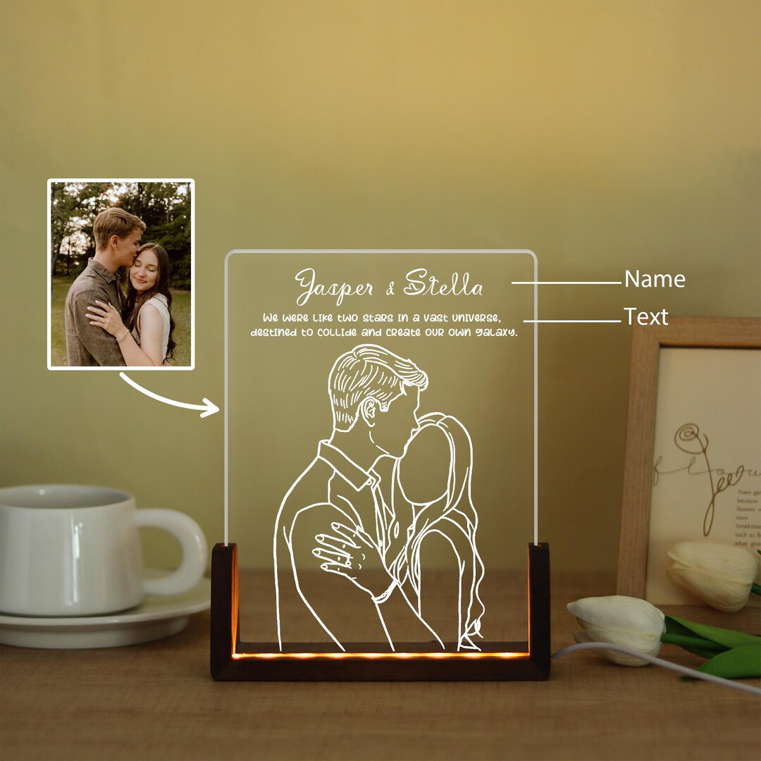 Custom Photo Night Light Plaque, Line Art Couple Photo Lamp ...