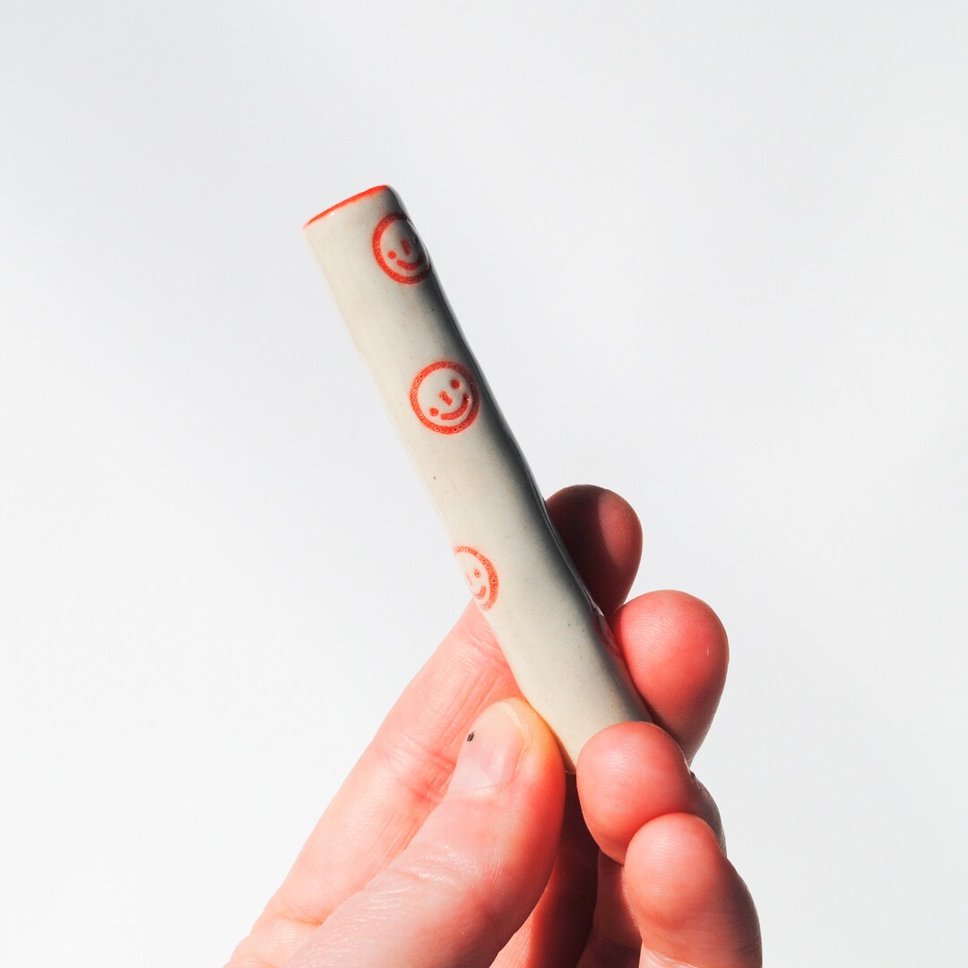 Chillum Ceramic Pipe One Hitter Porcelain Stamped Smiley Faces Red ...