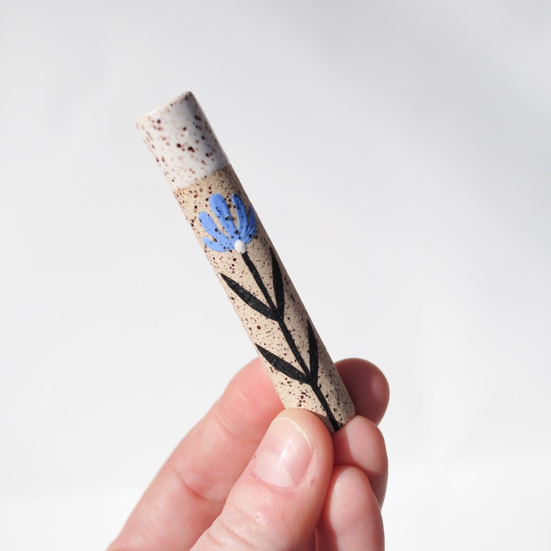 Chillum Ceramic Pipe One Hitter Wavy Blue Flowers on Speckled Stoneware ...