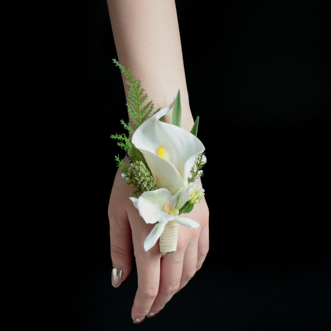 Romantic White Calla Lily Orchid Wrist Corsage With Greenery – Bridal ...