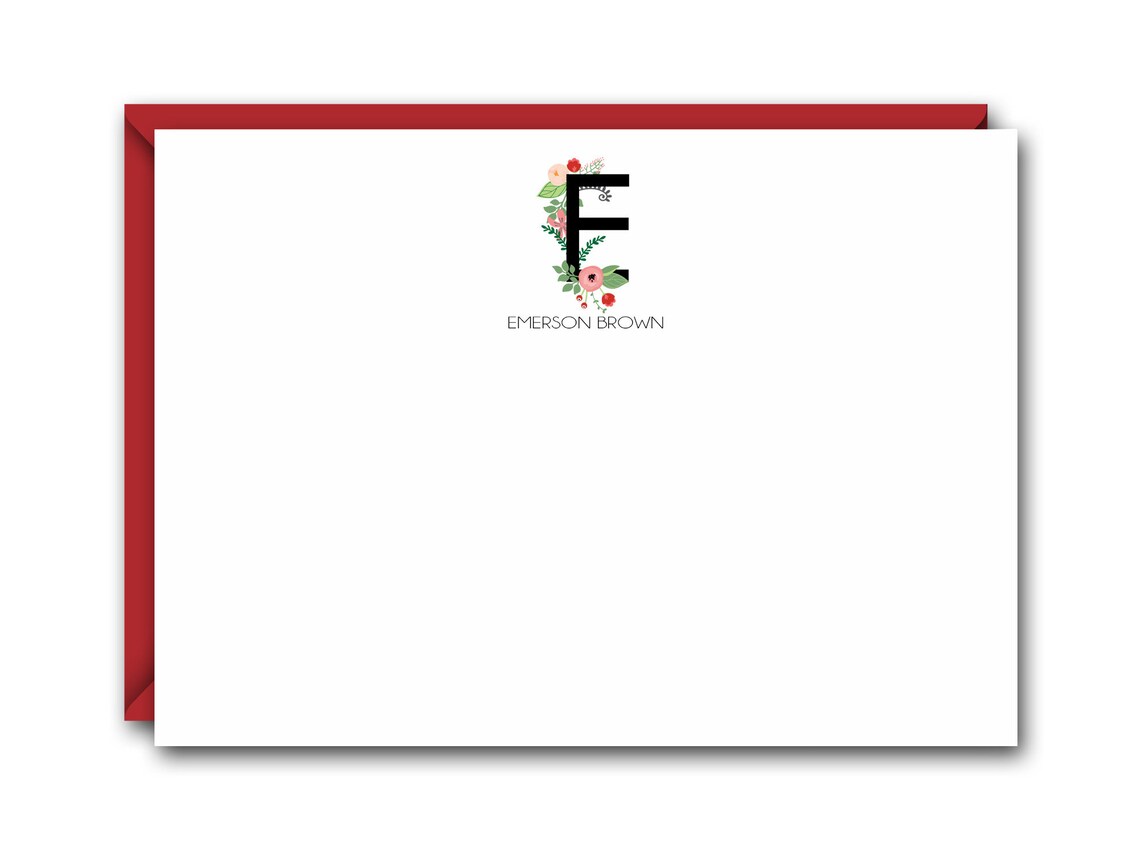 Floral Monogram Flat Note Cards Set Personalized Stationery | Etsy