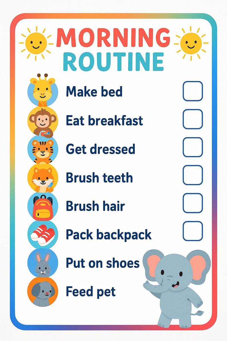 Printable Kids Morning Routine Chart – Colourful Animal Design | Daily ...