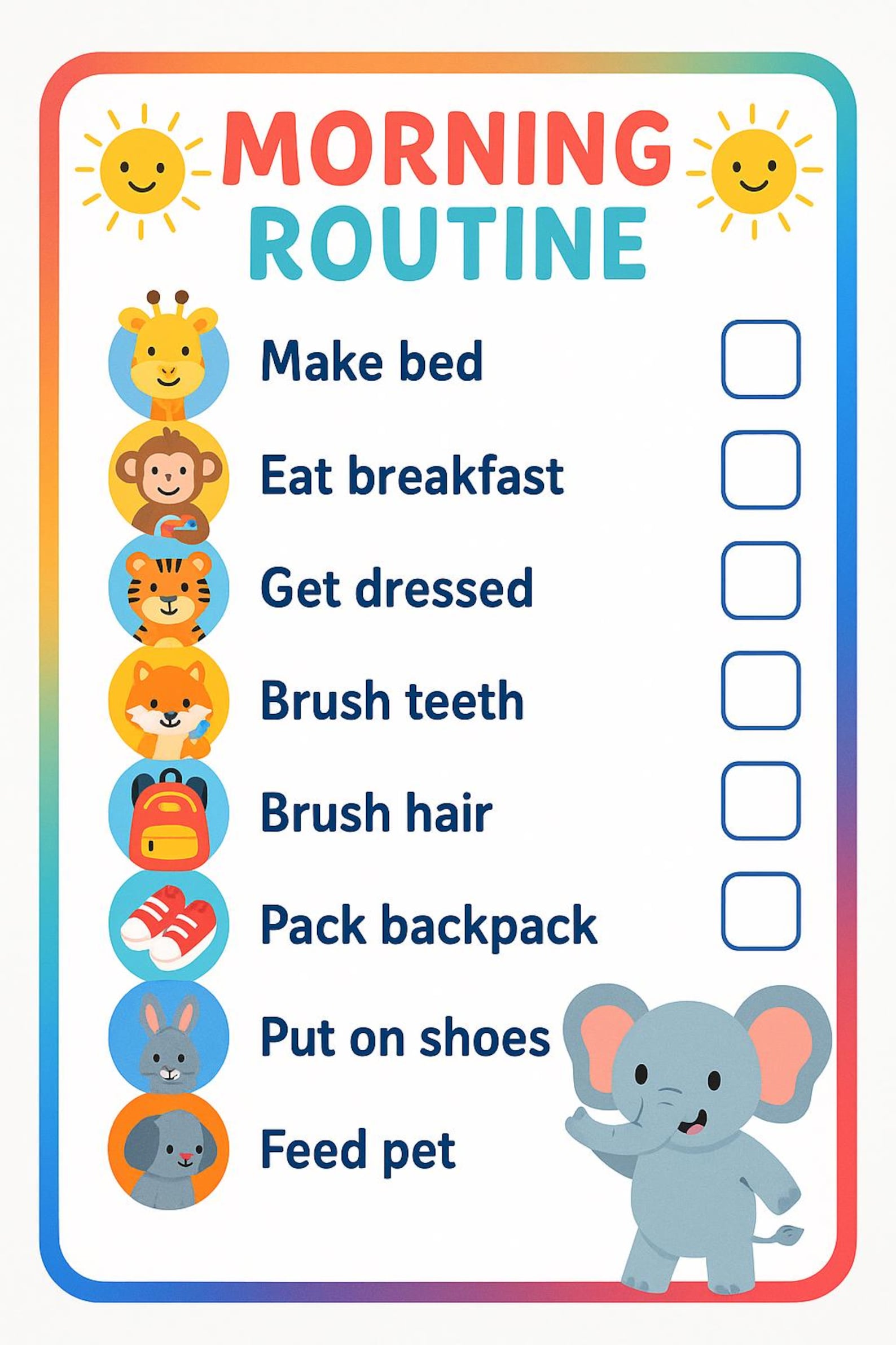 Printable Kids Morning Routine Chart – Colourful Animal Design | Daily ...