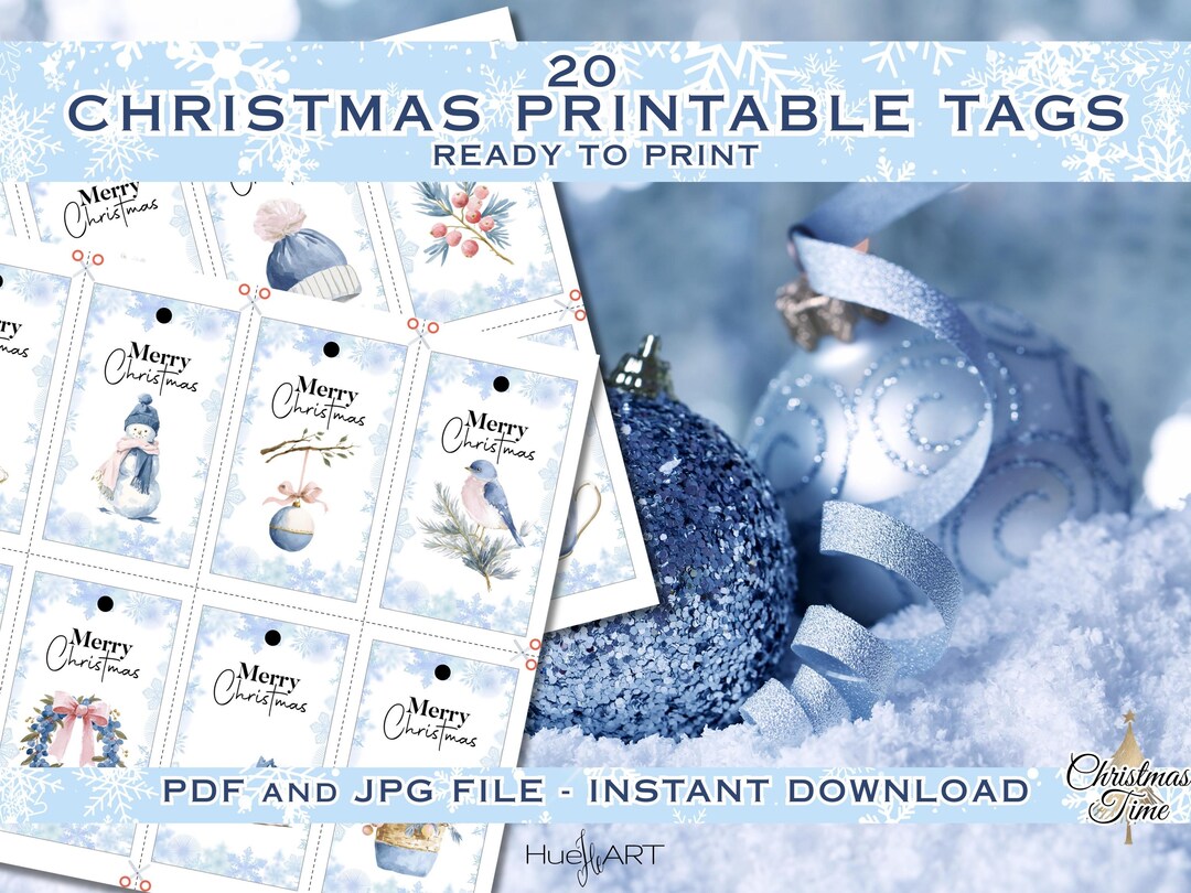 Printable Christmas Gift Tags | Blue Watercolor Holiday Tags | Merry ...