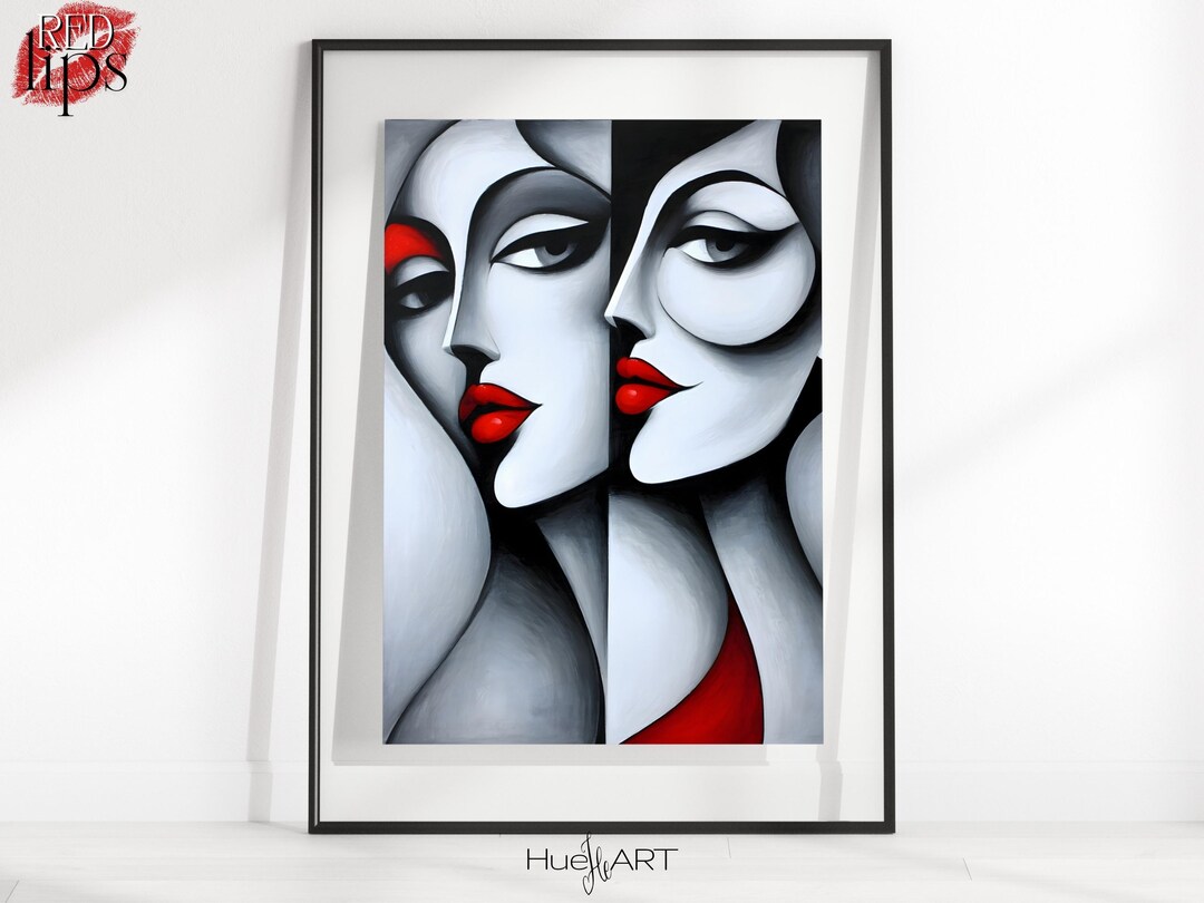 Abstract Cubist Portrait Faces Wall Art — Modern Black and White Women ...