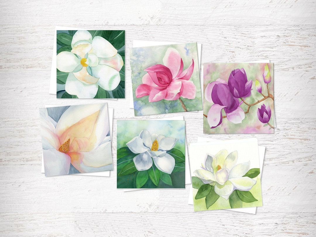 Magnolia Watercolor Square Cards Set of Six, 5 X 5 Inches, Garden ...