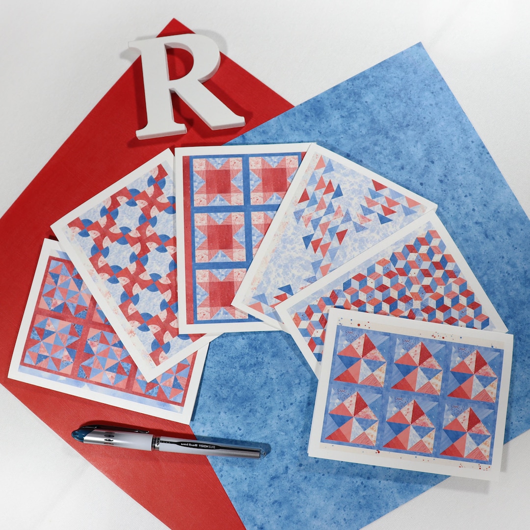 Red, White & Blue II Watercolor Quilt Note Card Set of 6 Quilt Note ...