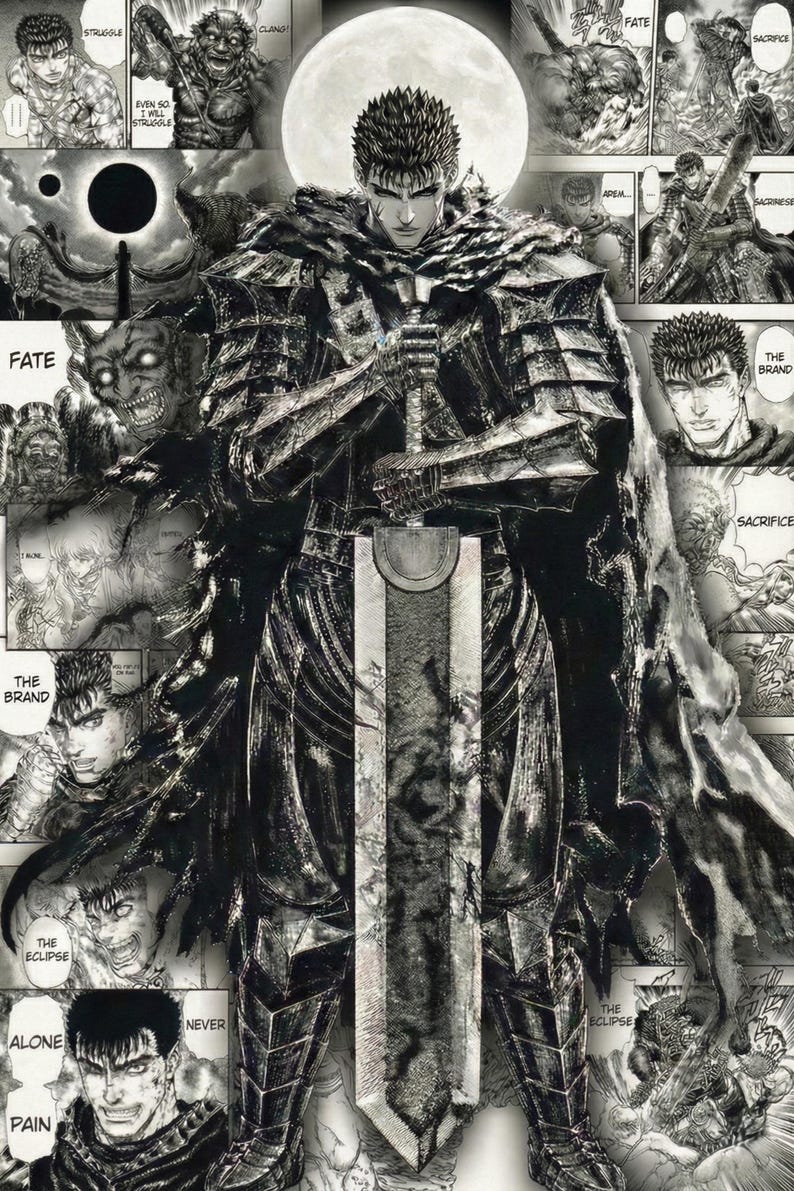 Dark Fantasy Seinen Wall Art, Cursed Warrior Digital Print, Black ...