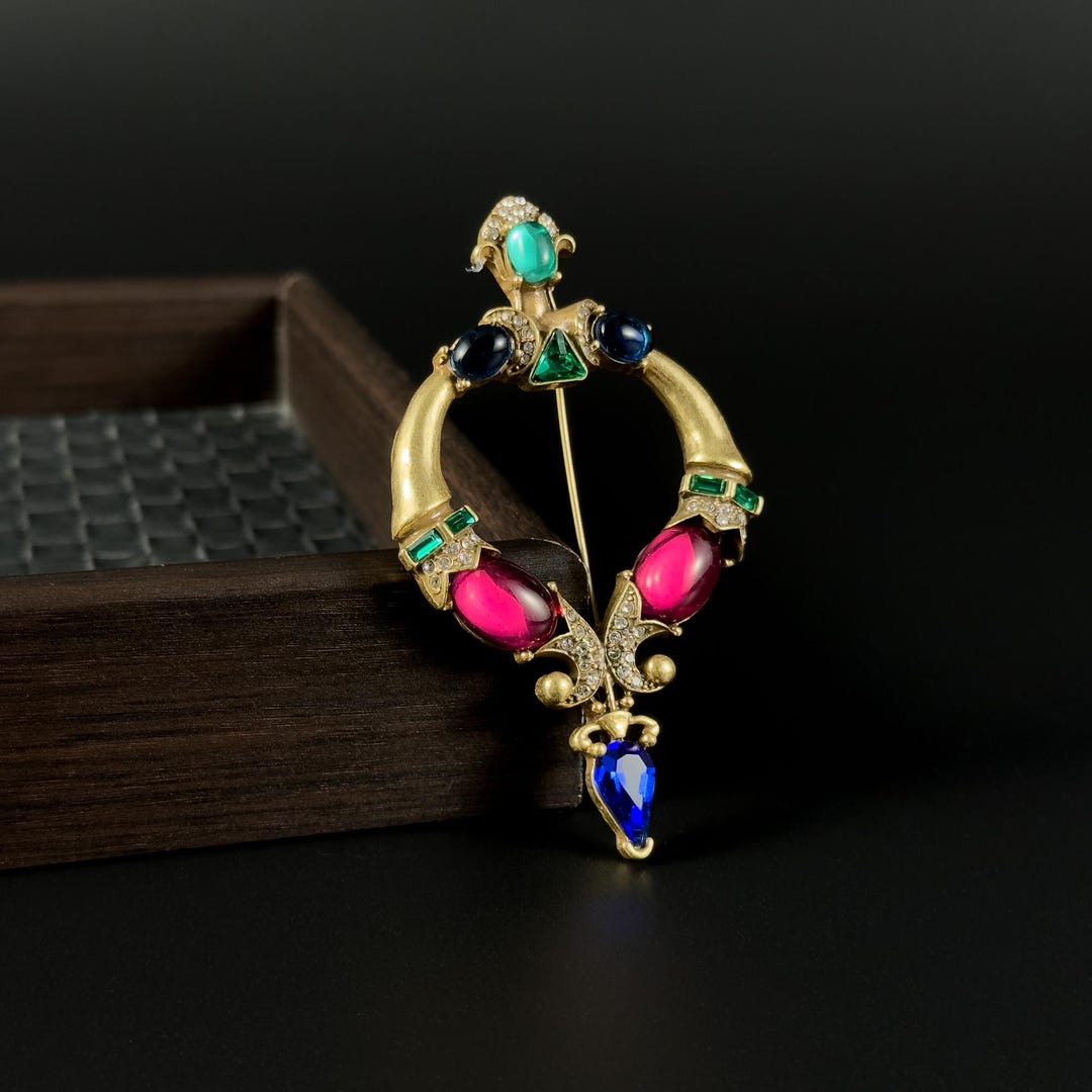 Vintage Glass Scepter Brooch & Earrings Set: Colorful Zircon Copper - Etsy