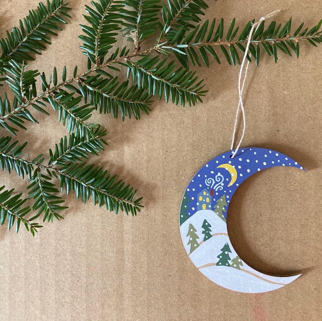 Hand-painted Crescent Moon Wooden Christmas Ornament ~ Tiny Home - Etsy