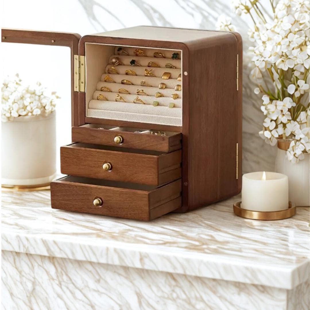 360 Rotating Wooden Jewelry Box Multi-layer Storage Case With Mirror ...