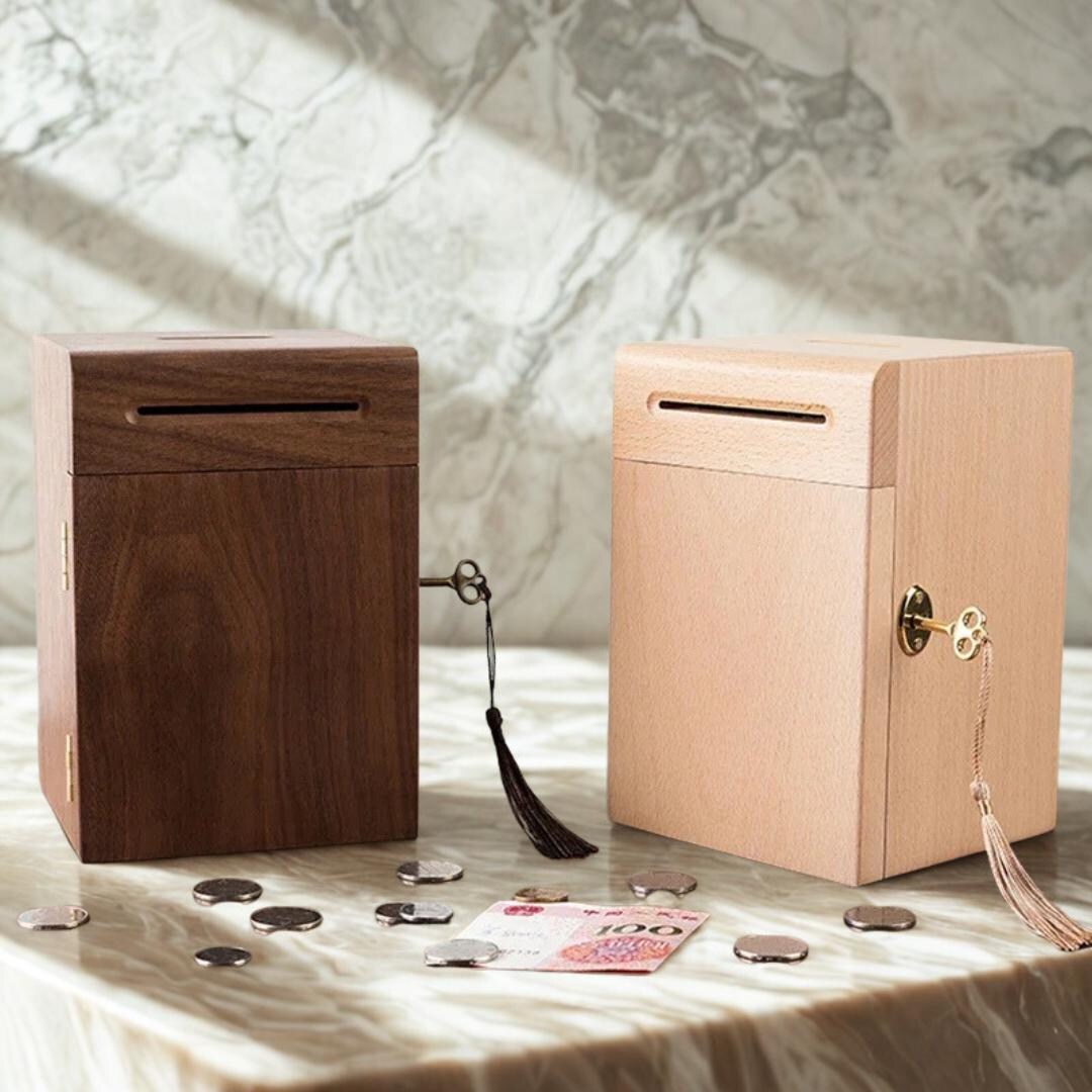 Walnut Wood Money Bank With Lock – Handmade Bank for Adults & Kids ...