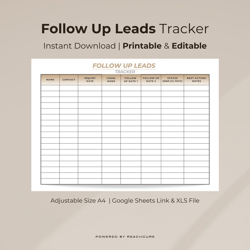 Follow-up Leads Tracker: Printable A4, Excel & Google Sheet (instant ...