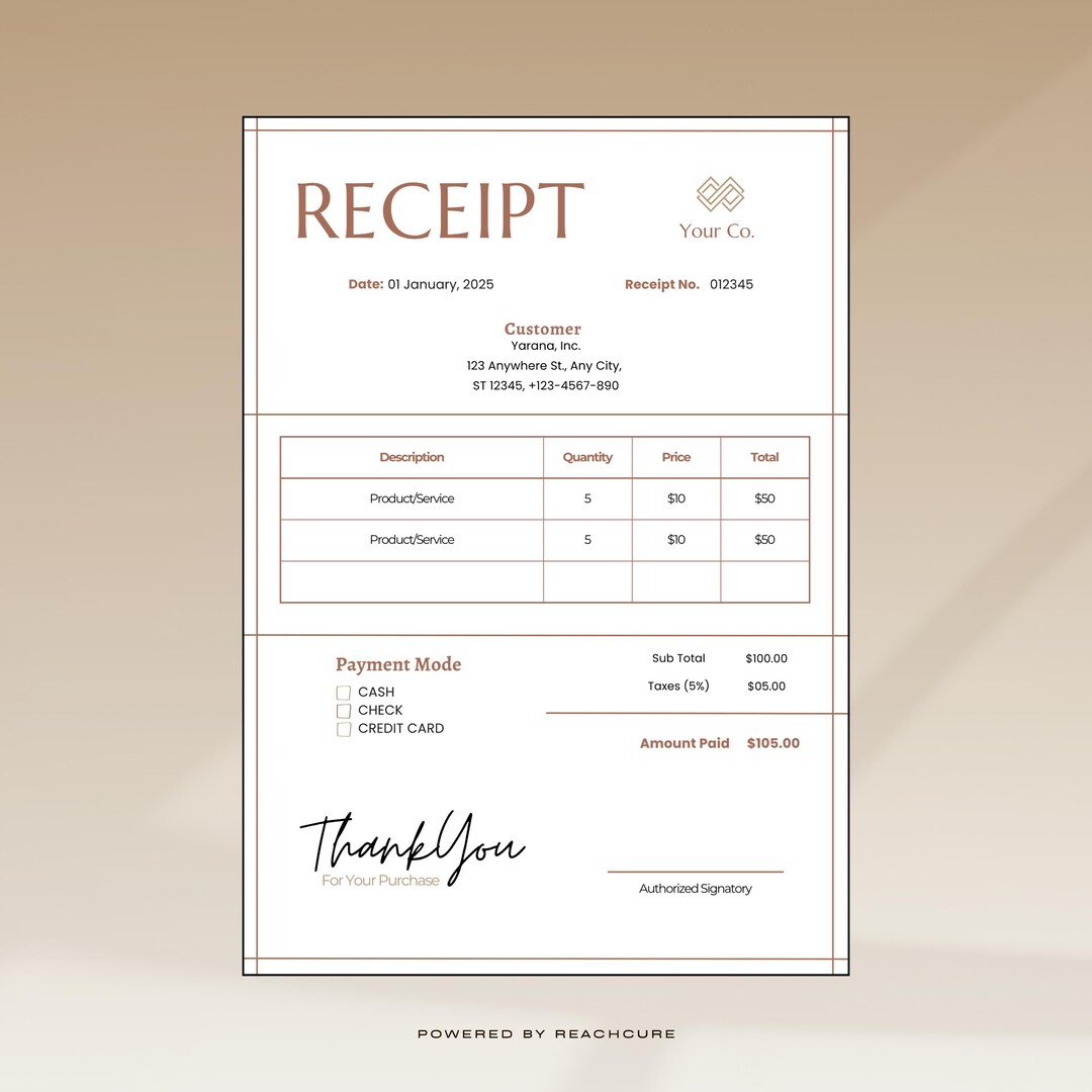 Editable Receipt Template for Canva: Small Business & Freelancer ...
