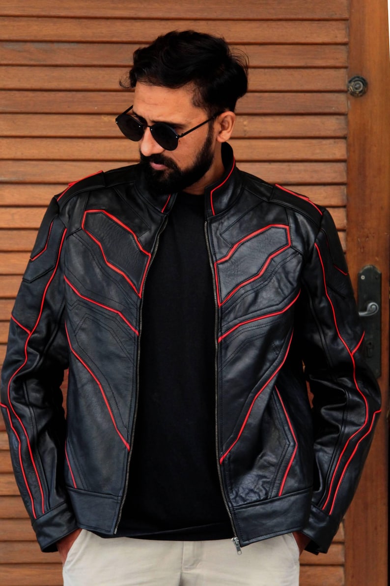 Futuristic Black Leather Biker Jacket: Red Cyberpunk Accents - Etsy
