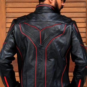 Futuristic Black Leather Biker Jacket: Red Cyberpunk Accents - Etsy