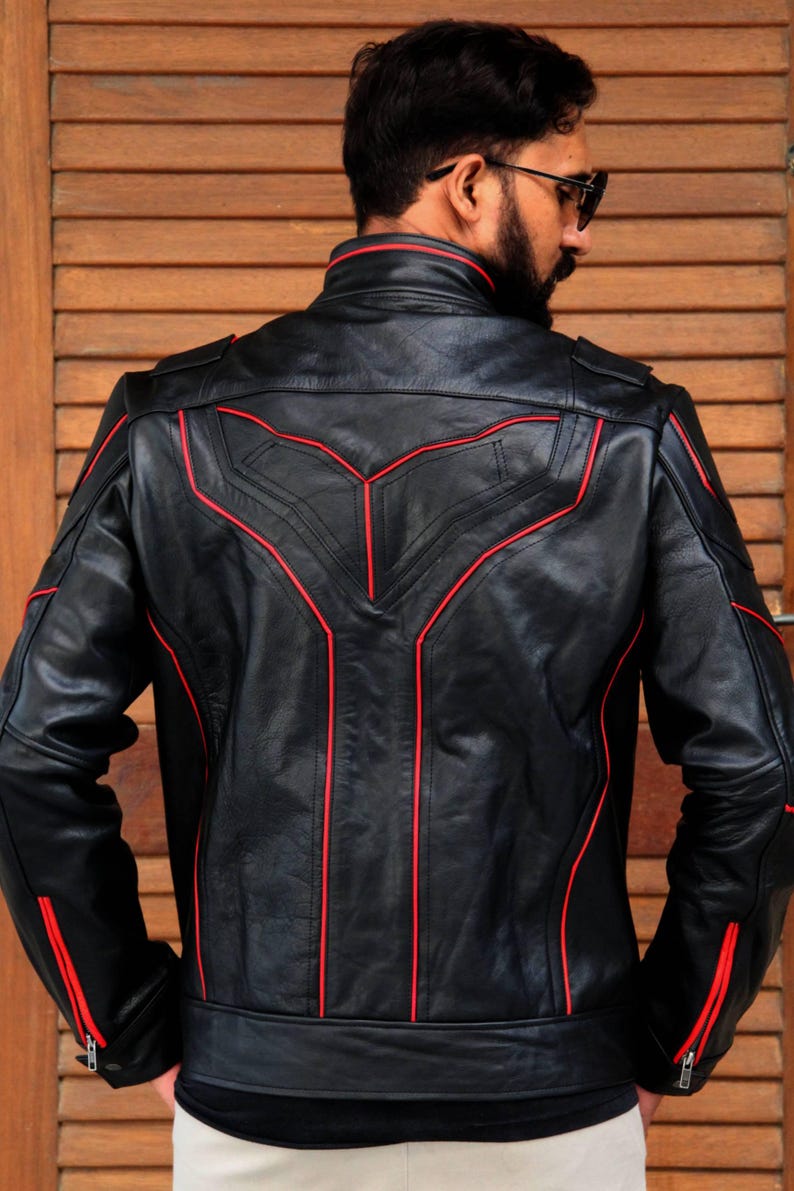 Futuristic Black Leather Biker Jacket: Red Cyberpunk Accents - Etsy