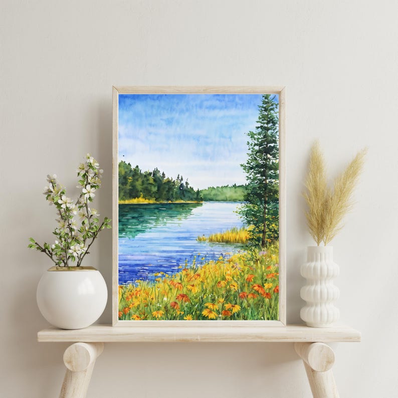Fall Wildflower Lake Landscape Print, Watercolor Forest Painting ...