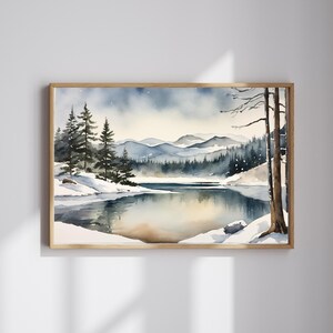 Watercolor Winter Lake Poster, Snowy Forest Painting, Winter Watercolor ...