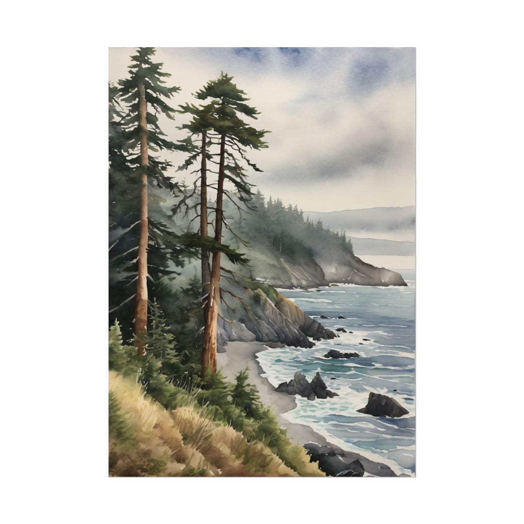 Pacific Mist Watercolor Coastline Art Print, Pacific Northwest, Ocean ...