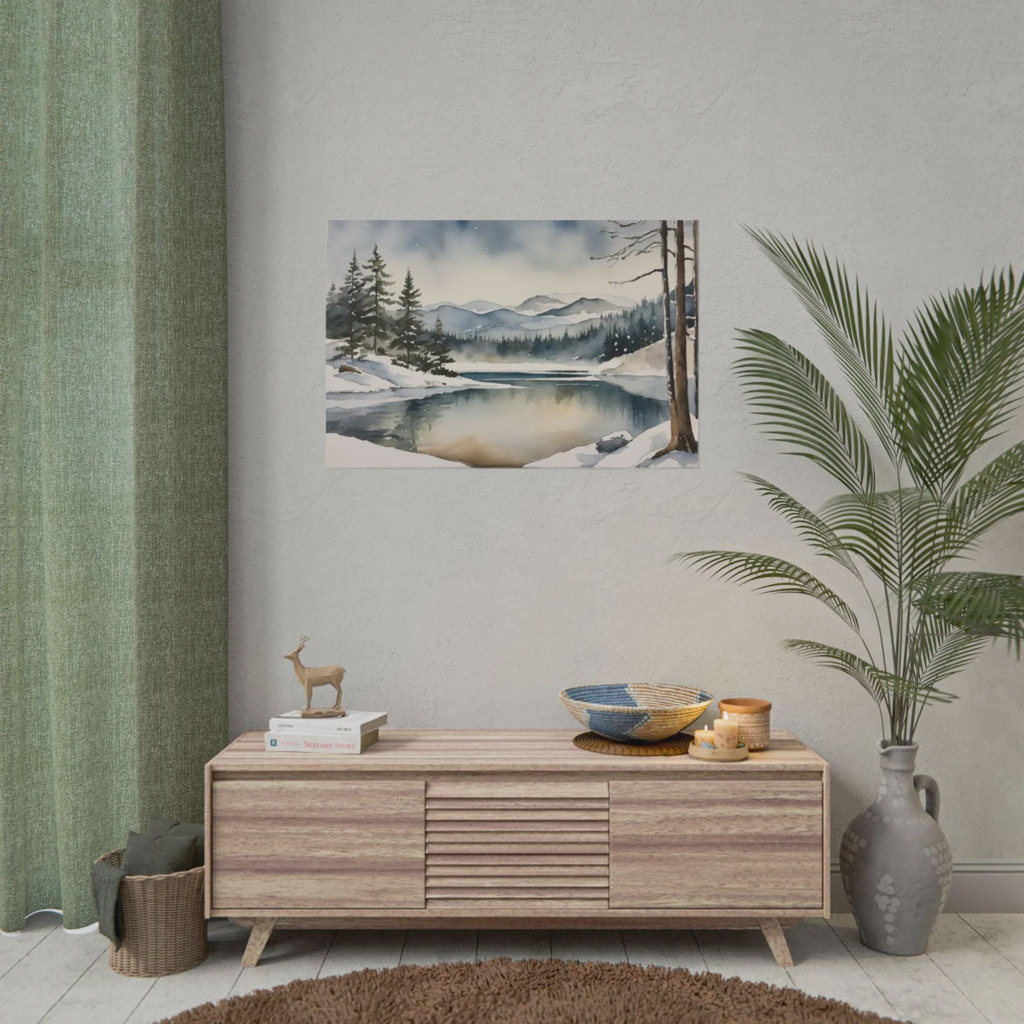 Watercolor Winter Lake Poster, Snowy Forest Painting, Winter Watercolor ...
