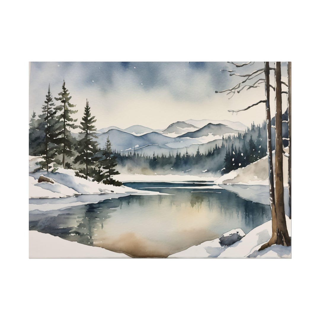 Watercolor Winter Lake Poster, Snowy Forest Painting, Winter Watercolor ...
