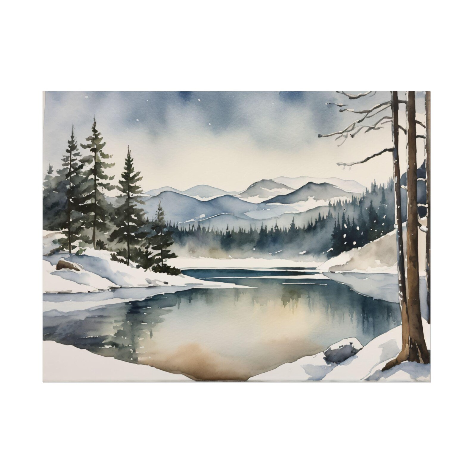Watercolor Winter Lake Poster, Snowy Forest Painting, Winter Watercolor ...