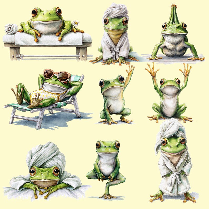 Frog Yoga & Spa Clipart: Relaxing PNG Illustrations (commercial Use ...
