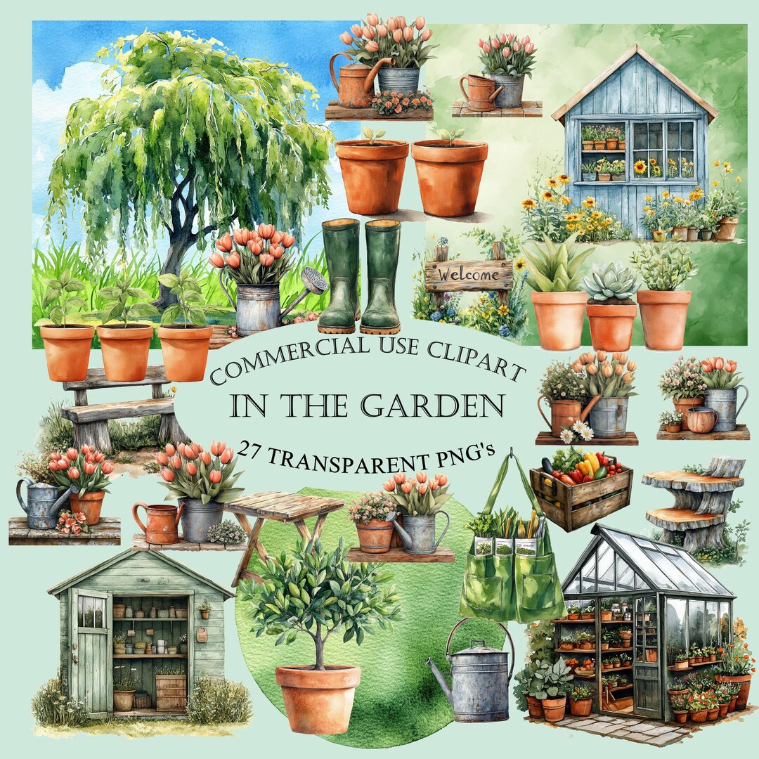 Garden Clipart Set: Potting Shed, Greenhouse, Flowers (commercial Use ...