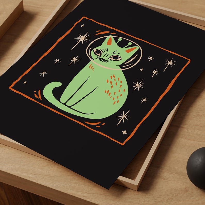 Alien Cat - Abstract Green Kitty Art Print - Animal Wall Art Poster - Etsy