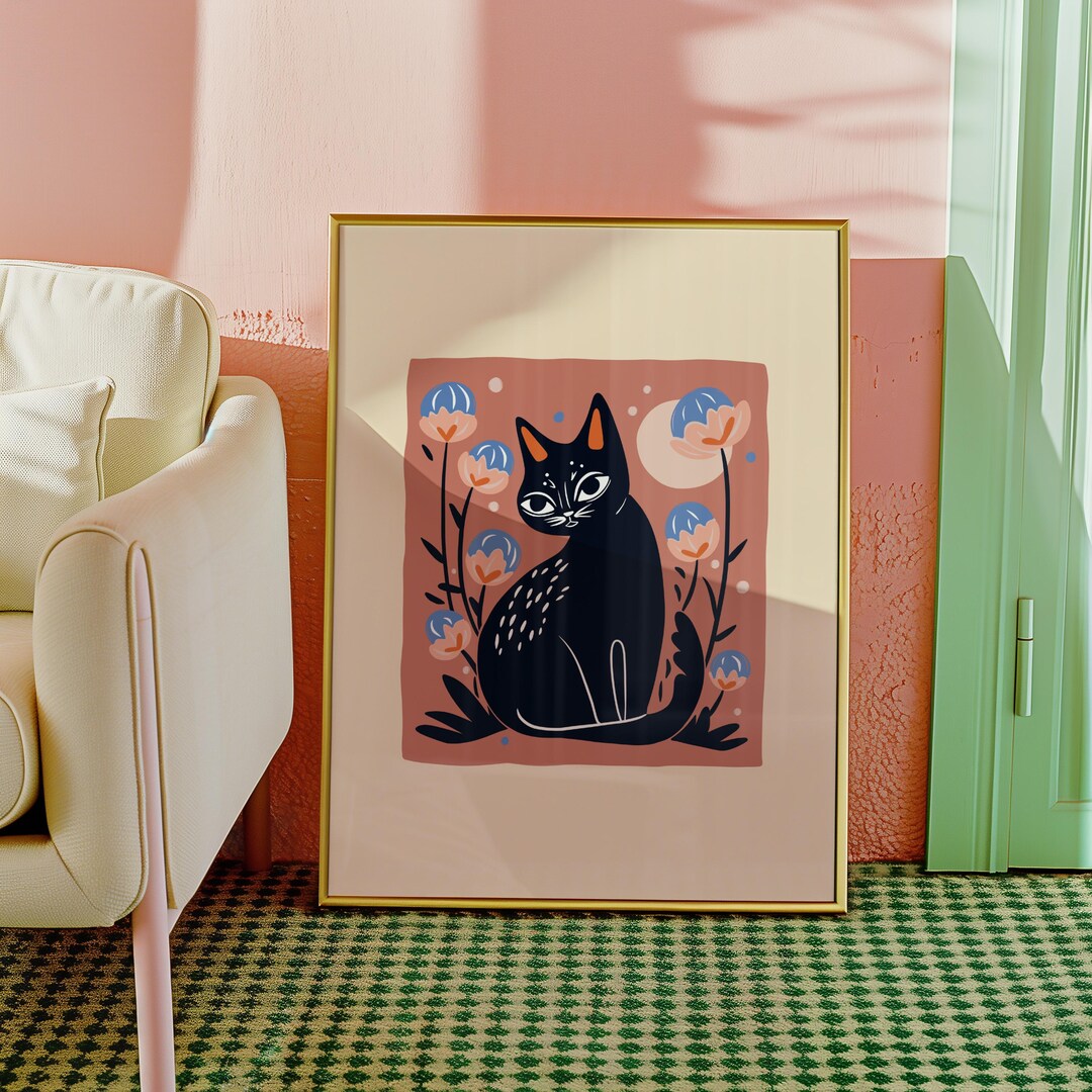 Blue Floral Cat - Abstract Kitty Art Print - Animal Wall Art Poster - Etsy