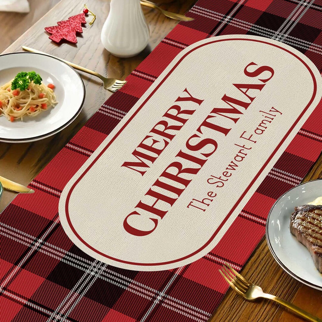 Custom Name Christmas Buffalo Plaid Table Runner, Winter Holiday ...