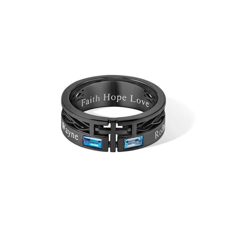 Personalized Engraved Cross Ring With Baguette Birthstones, Minimalist ...