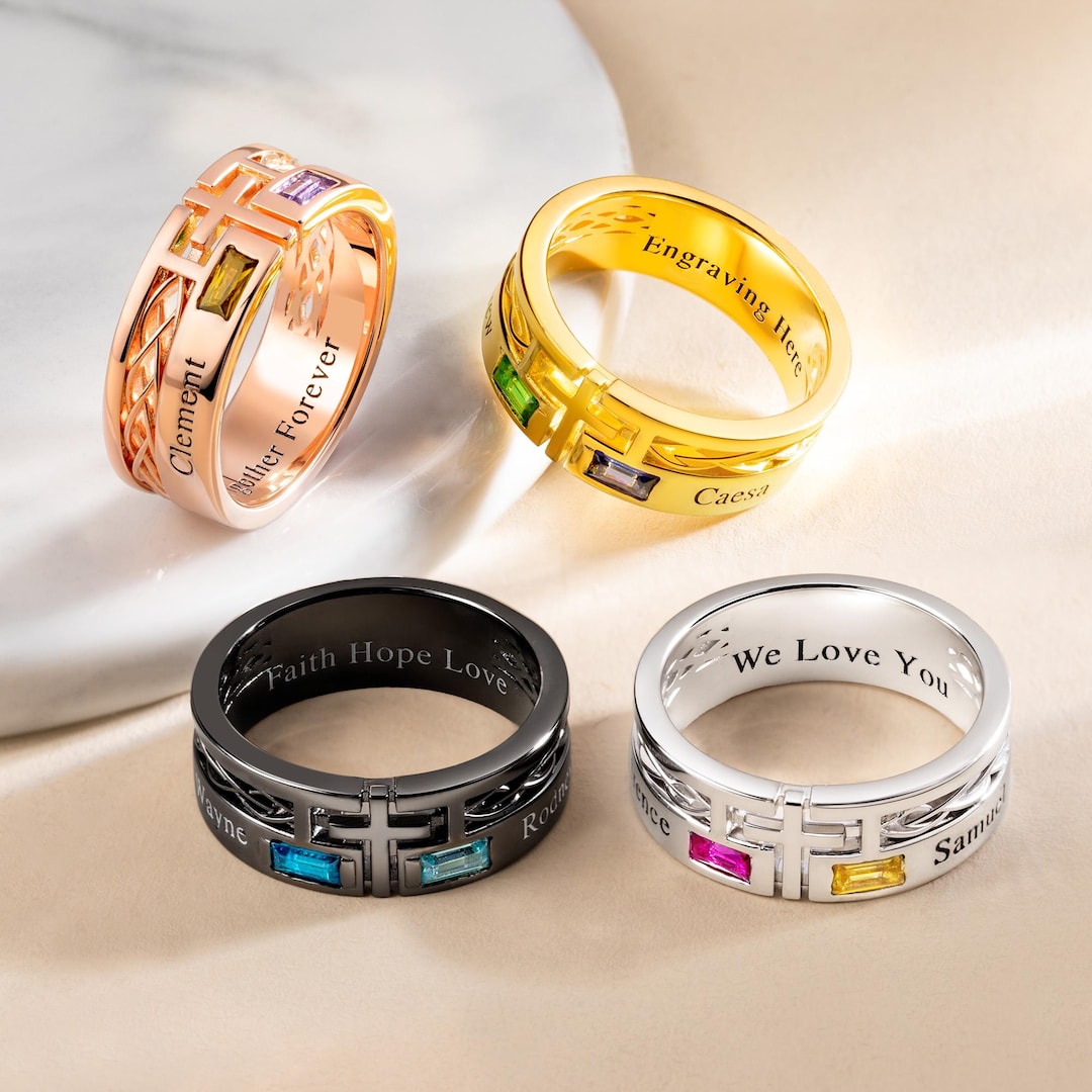 Personalized Engraved Cross Ring With Baguette Birthstones, Minimalist ...