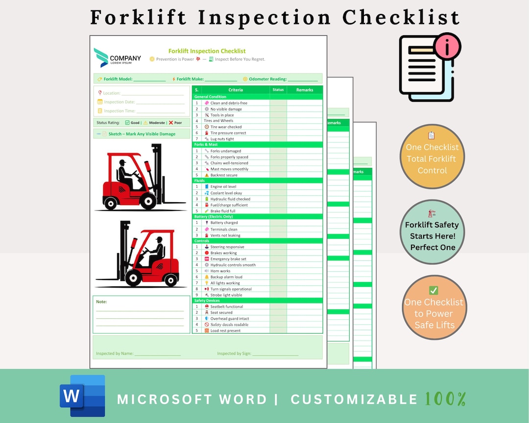 Forklift Inspection Checklist - Forklift Checklist - Forklift Safety Checklist - Daily Forklift ...