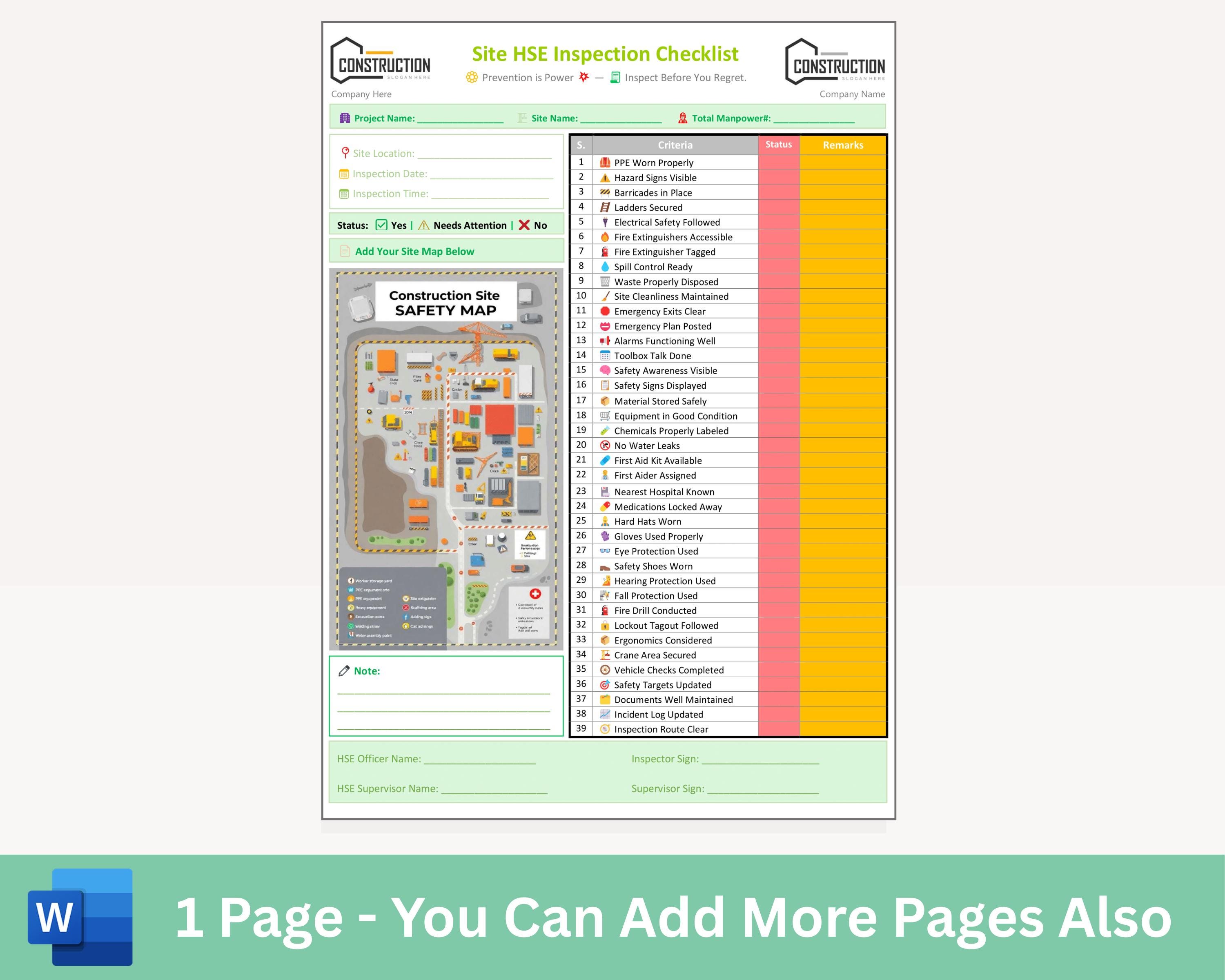 Site HSE Inspection Checklist - Site Inspection - Construction Safety ...
