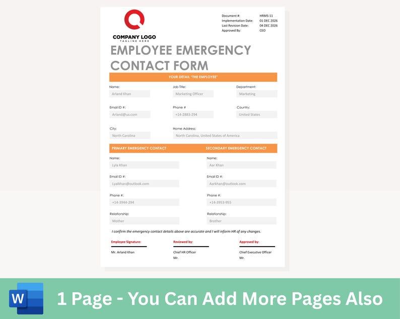 Employee Emergency Contacts Form - Emergency Info - Contact Form ...