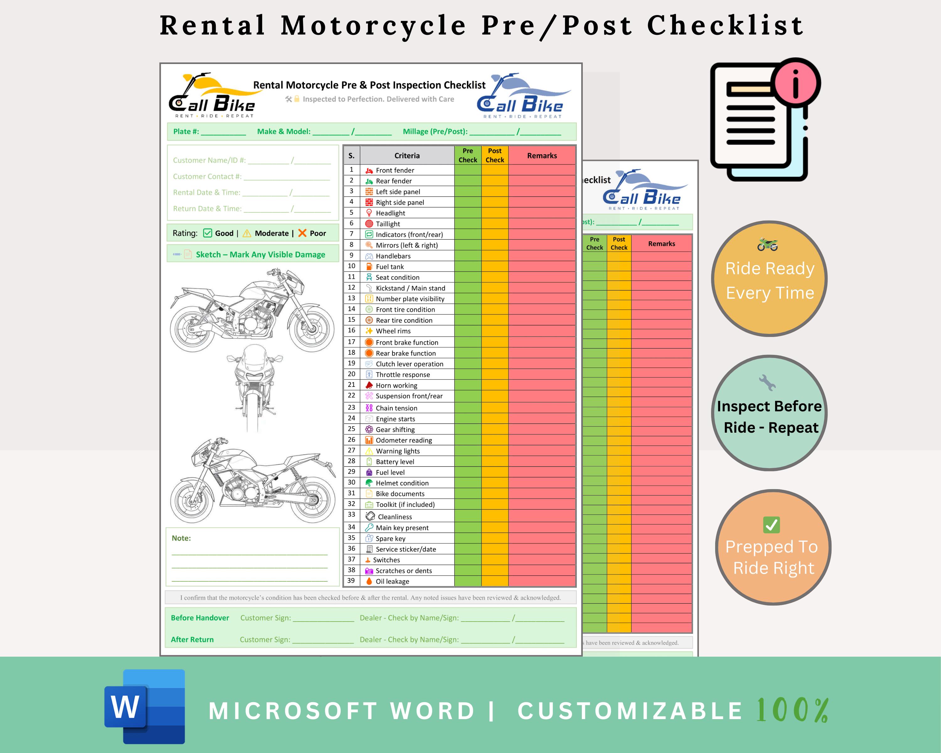Rental Motorcycle Pre & Post Inspection Checklist Template - Motorcycle ...