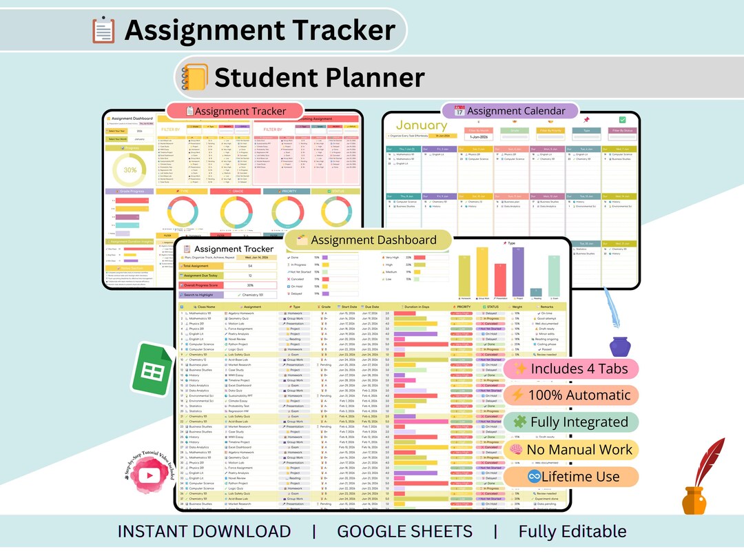 Assignment Tracker - Student Planner - College Planner - College Spreadsheet - Study Template ...