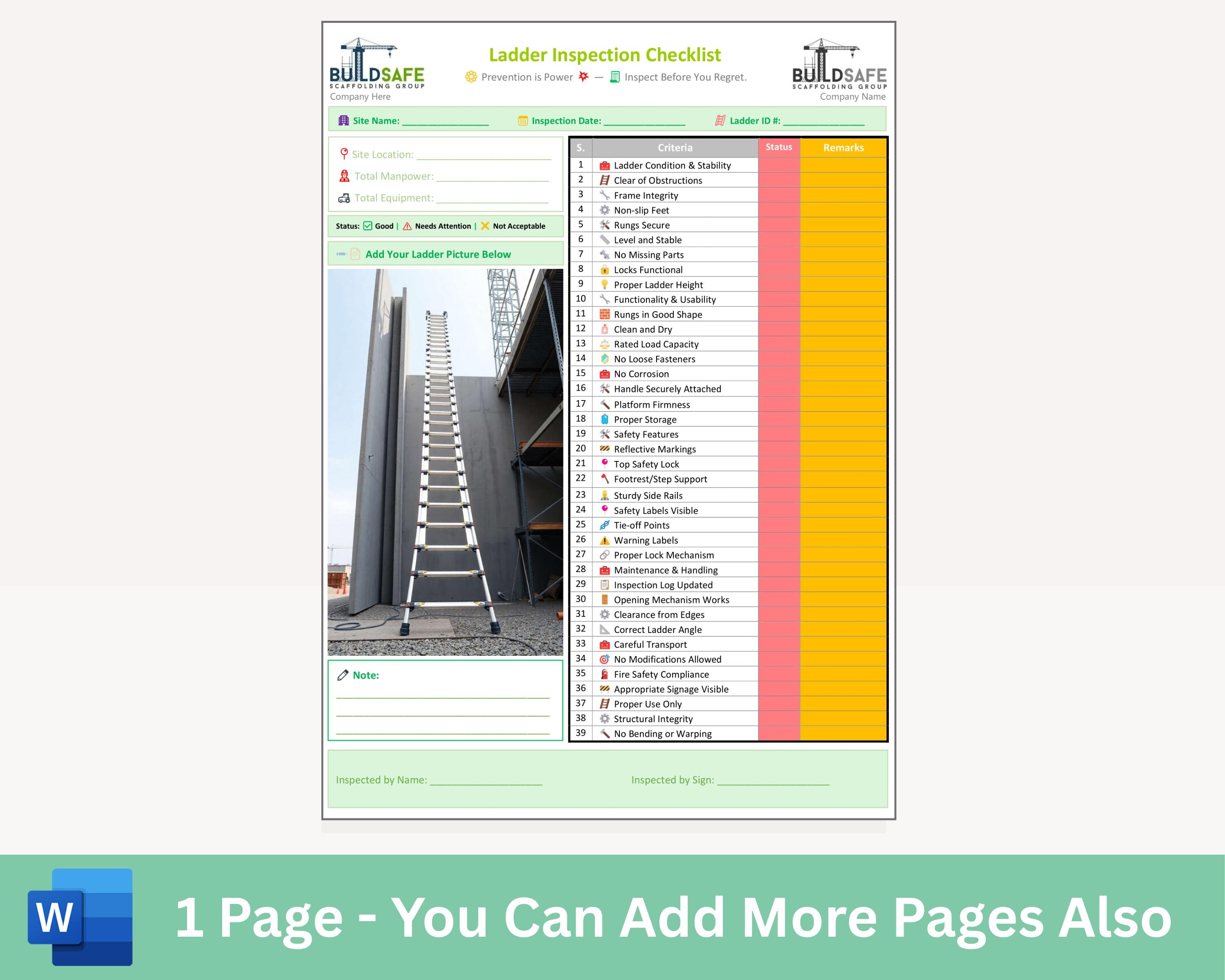 Ladders Inspection Checklist - Ladder Inspection Form - Ladder Safety ...