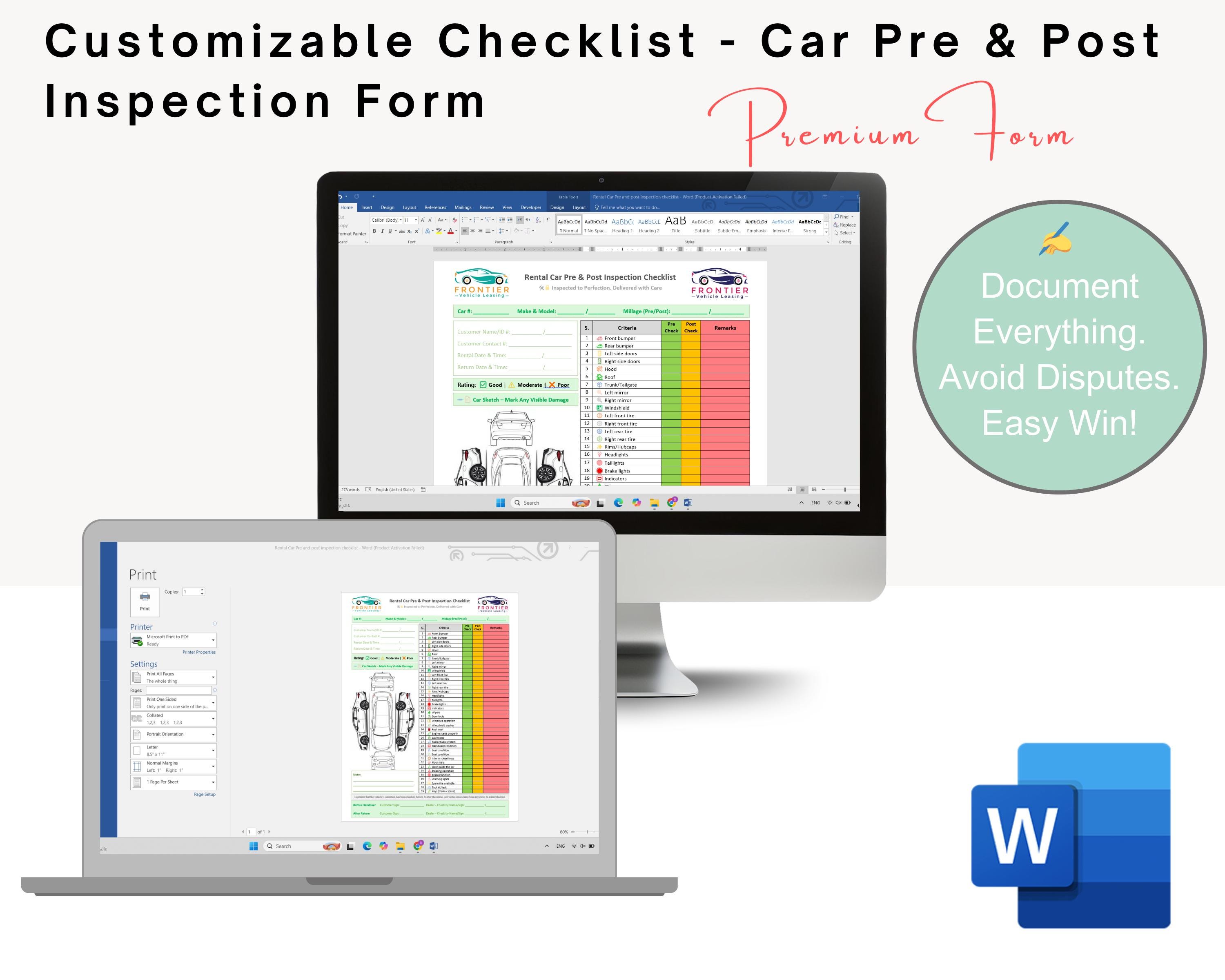 Rental Car Pre & Post Inspection Checklist Template - Rental Car ...